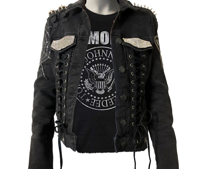 Womens Black Emo/punk Rock/gothic Kitty Bling Denim Jacket - Etsy