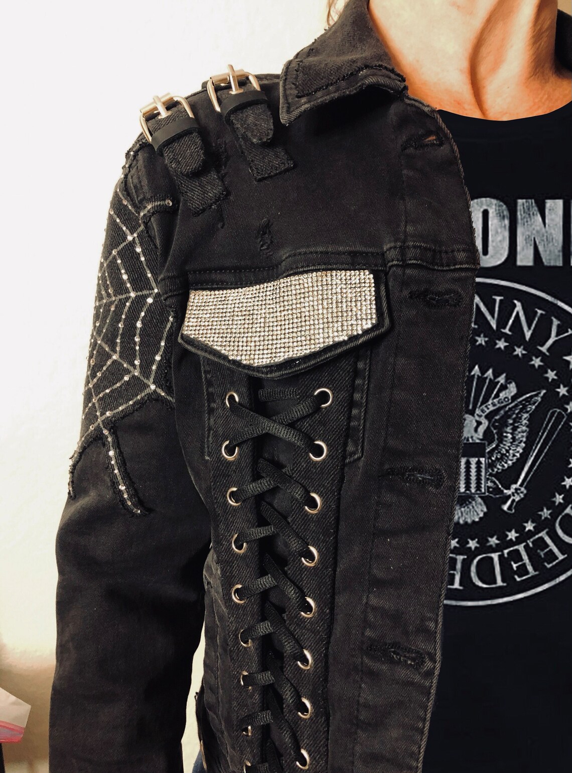 Womens Black Emo/punk Rock/gothic Kitty Bling Denim Jacket - Etsy