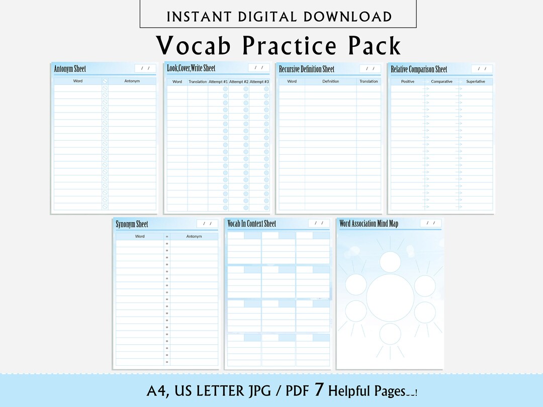 PRINTABLE Vocabulary Practice Sheet, Study Journal, Language Study ...