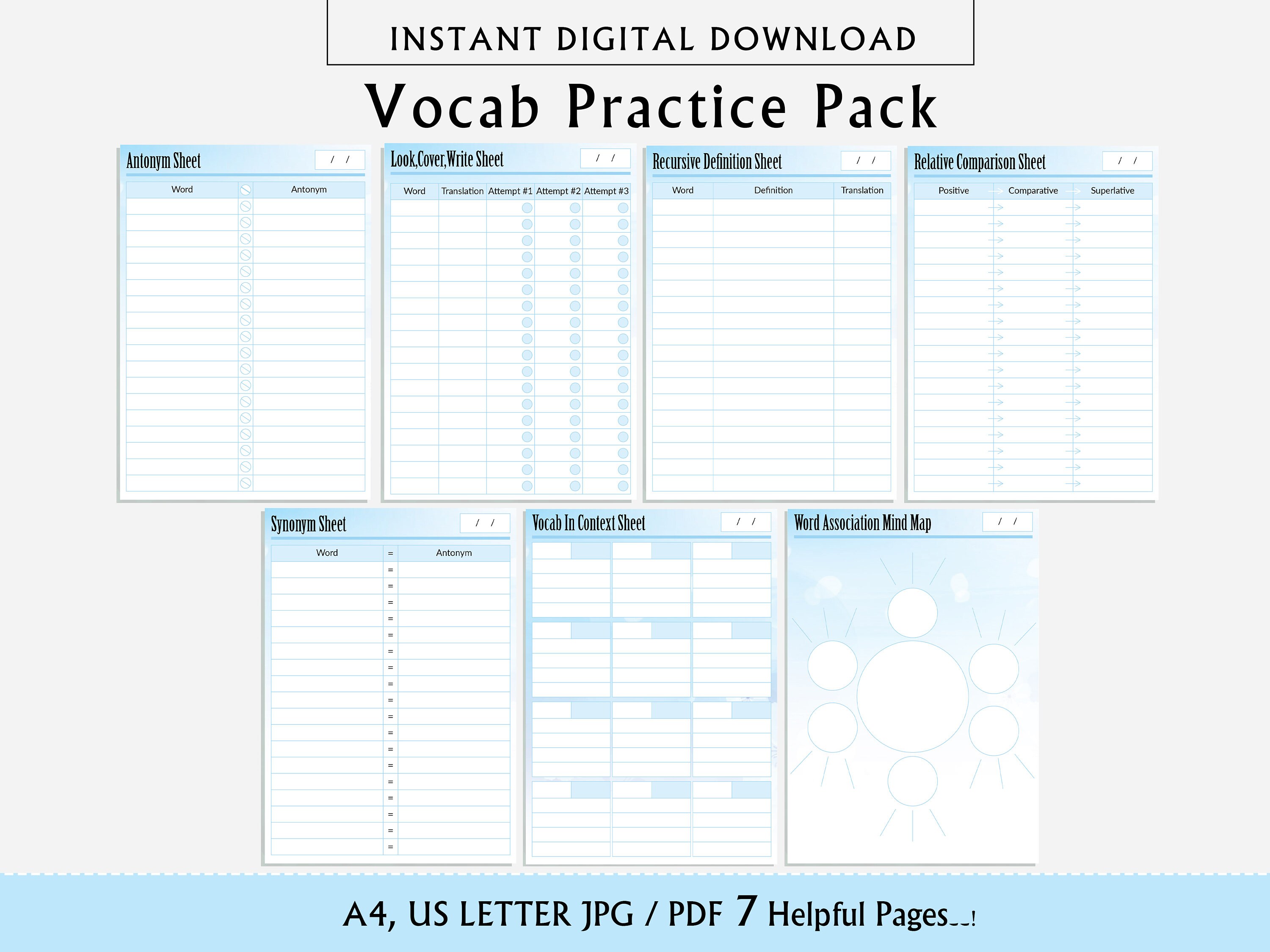 PRINTABLE Vocabulary Practice Sheet, Study Journal, Language Study ...