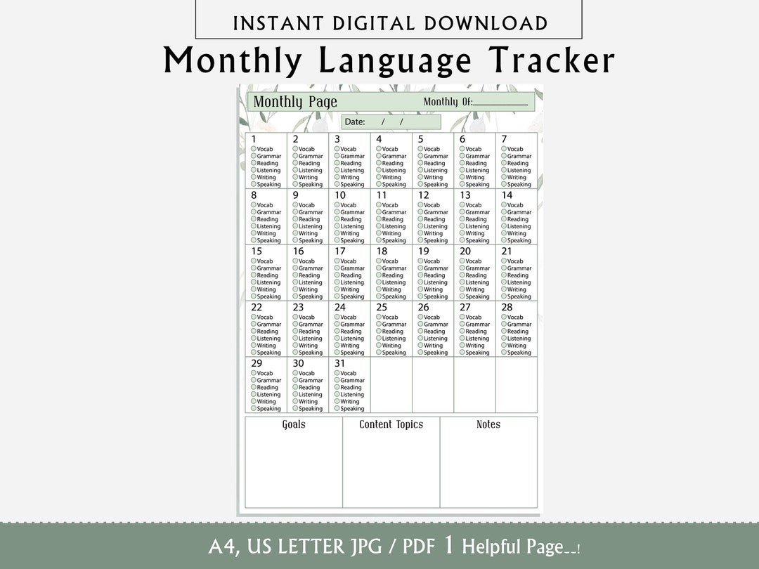 Monthly Language Tracker, Language Study Journal, Language Study ...