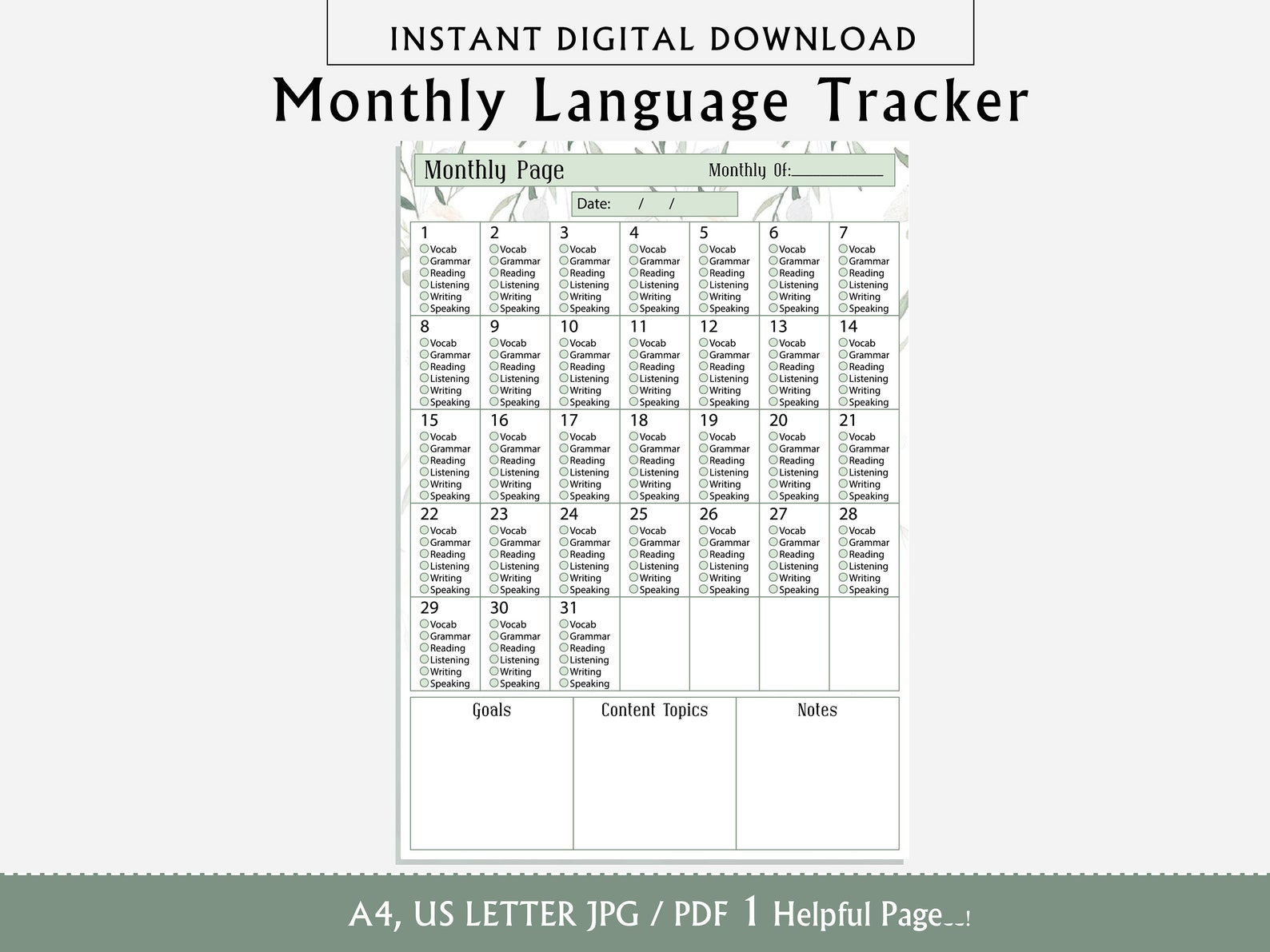 Monthly Language Tracker, Language Study Journal, Language Study ...