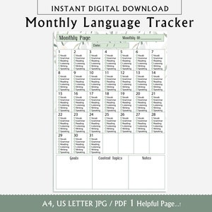 Monthly Language Tracker, Language Study Journal, Language Study ...