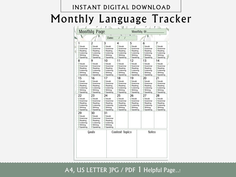 Monthly Language Tracker, Language Study Journal, Language Study ...