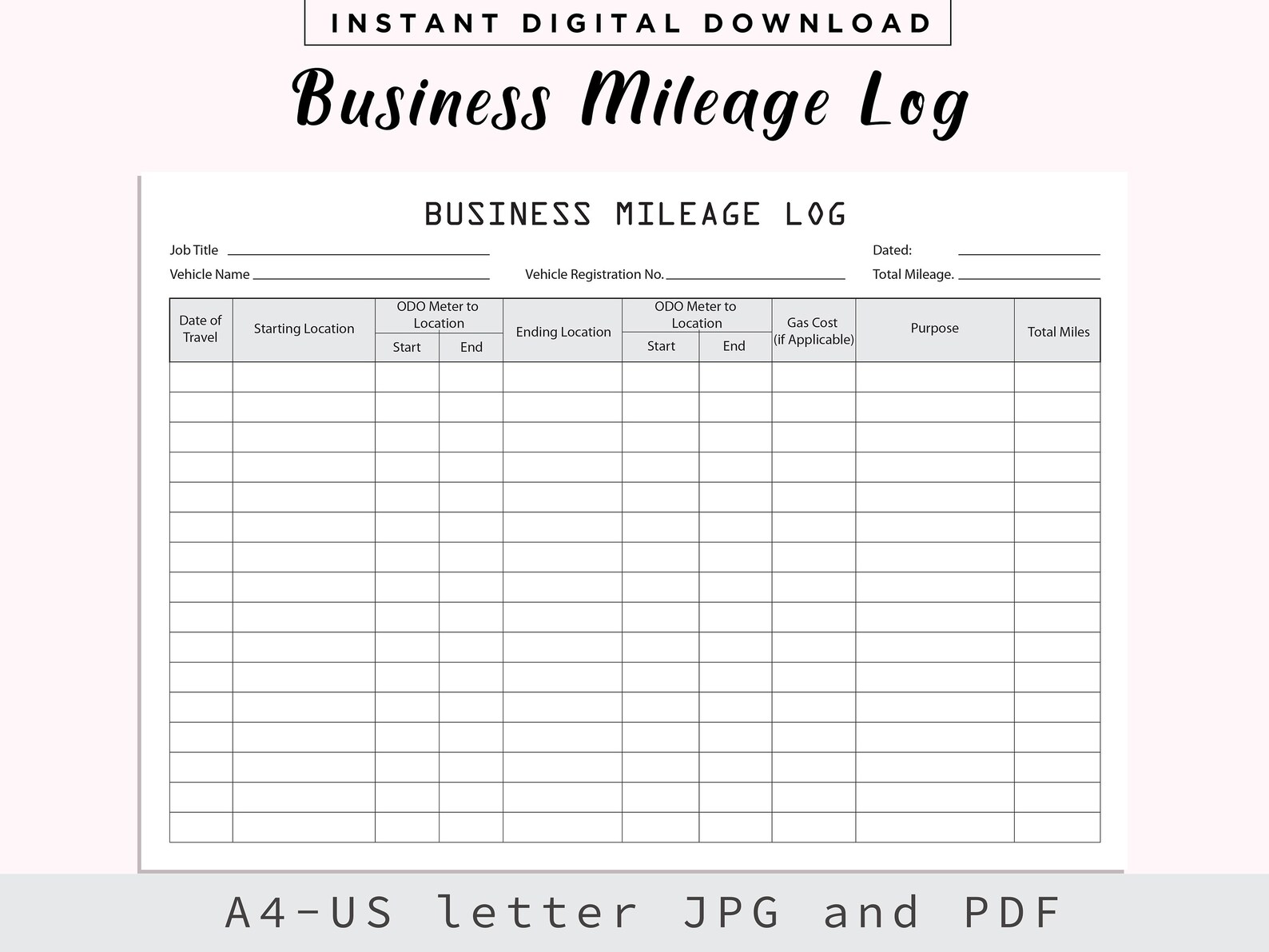 Printable Business Mileage Log, Mileage Tracker Log, Business Mileage ...