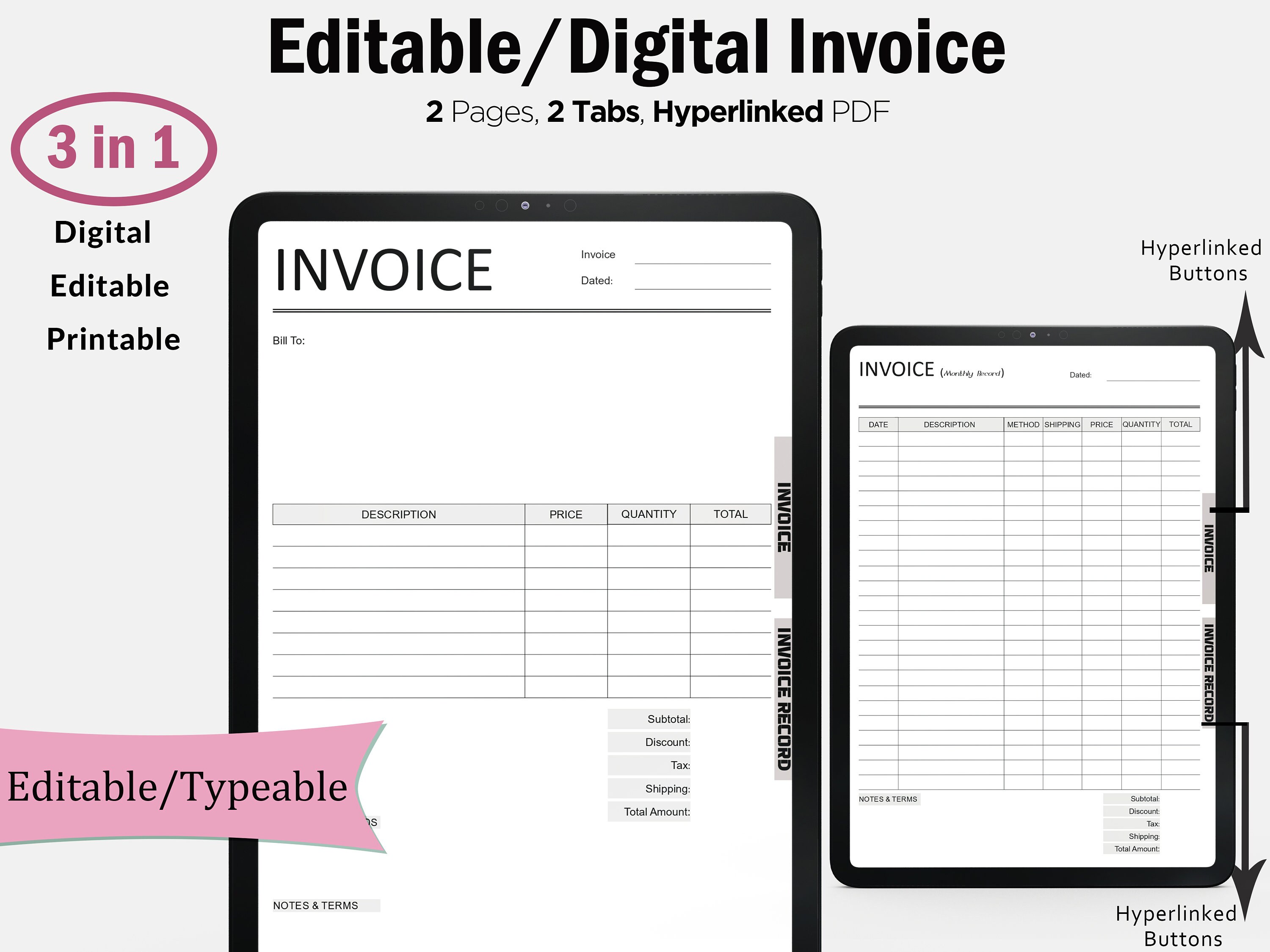 Invoice Template, Editable Invoice, Invoice Template PDF, Hyperlinked ...