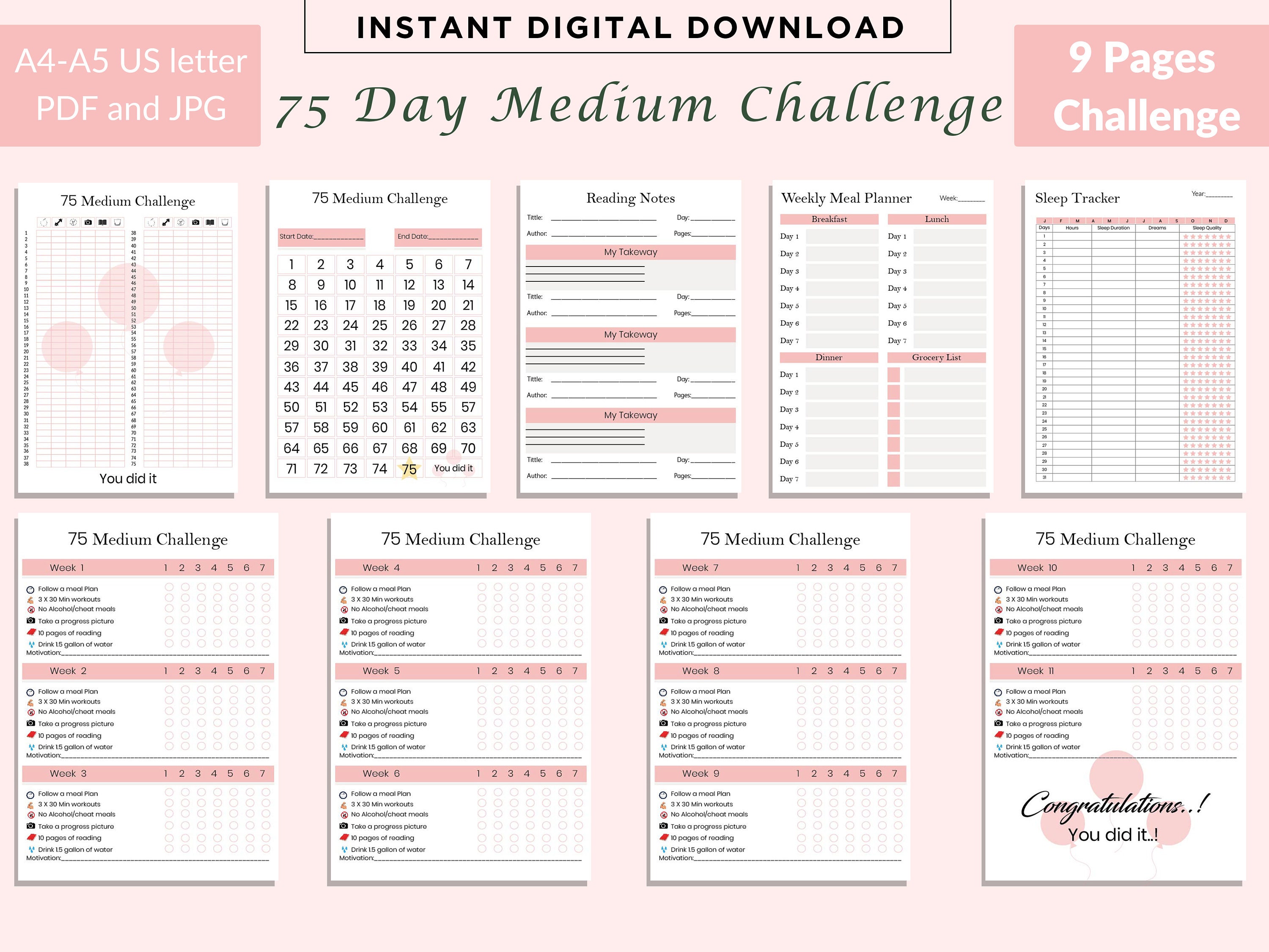 75 Day Challenge Printable, Digital Tracker, A4, A5, US Letter PDF - Etsy