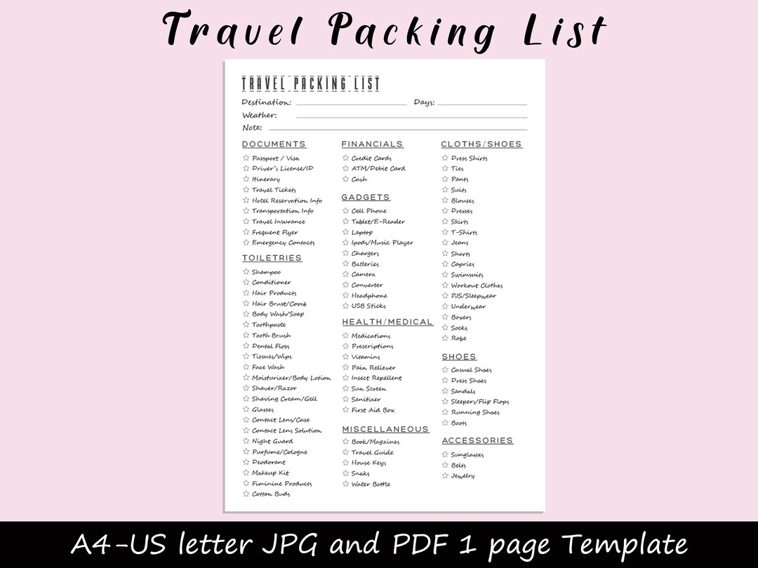 Printable Travel Packing List Template Vacation Planner Organizational ...