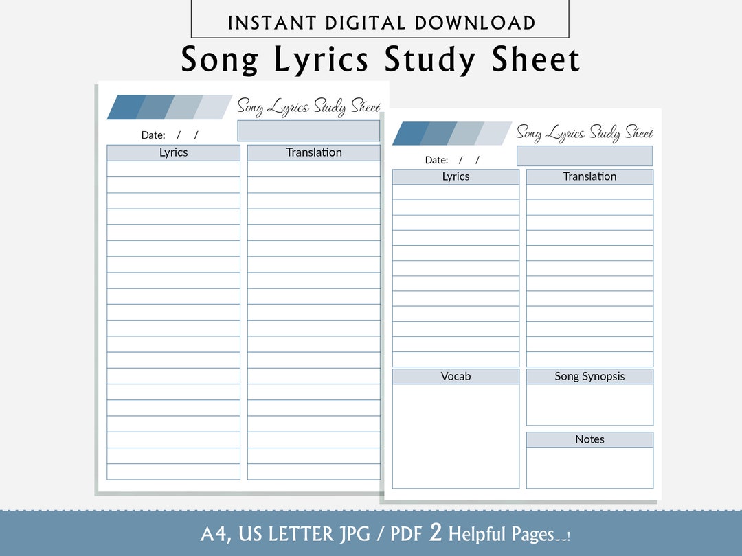 Printable Song Lyrics Study Sheet, Language Study Journal, Language ...