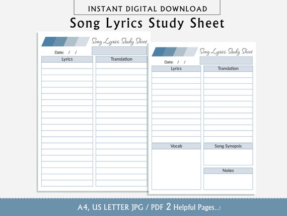 Printable Song Lyrics Study Sheet Language Study Journal | Etsy