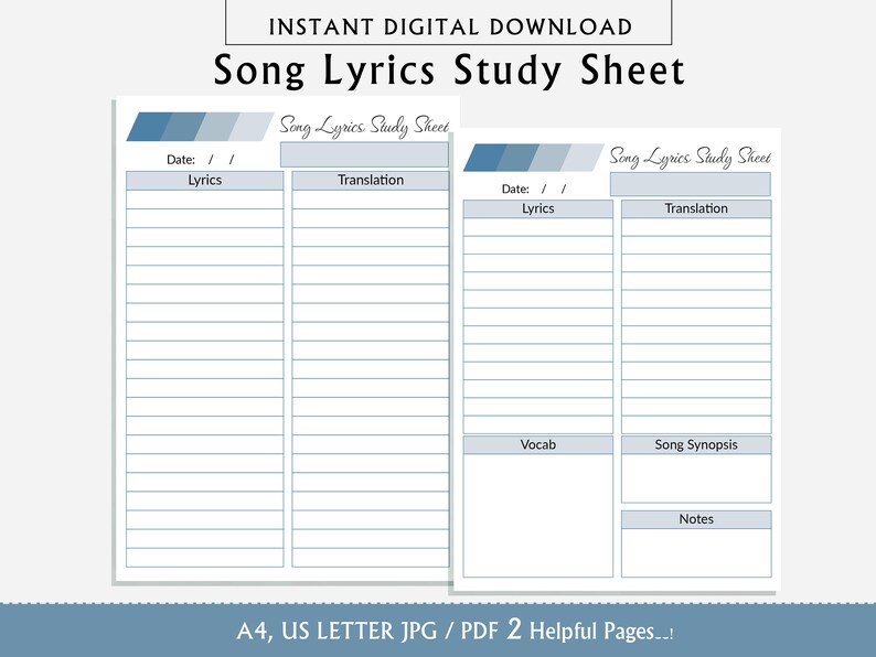 Printable Song Lyrics Study Sheet, Language Study Journal, Language ...