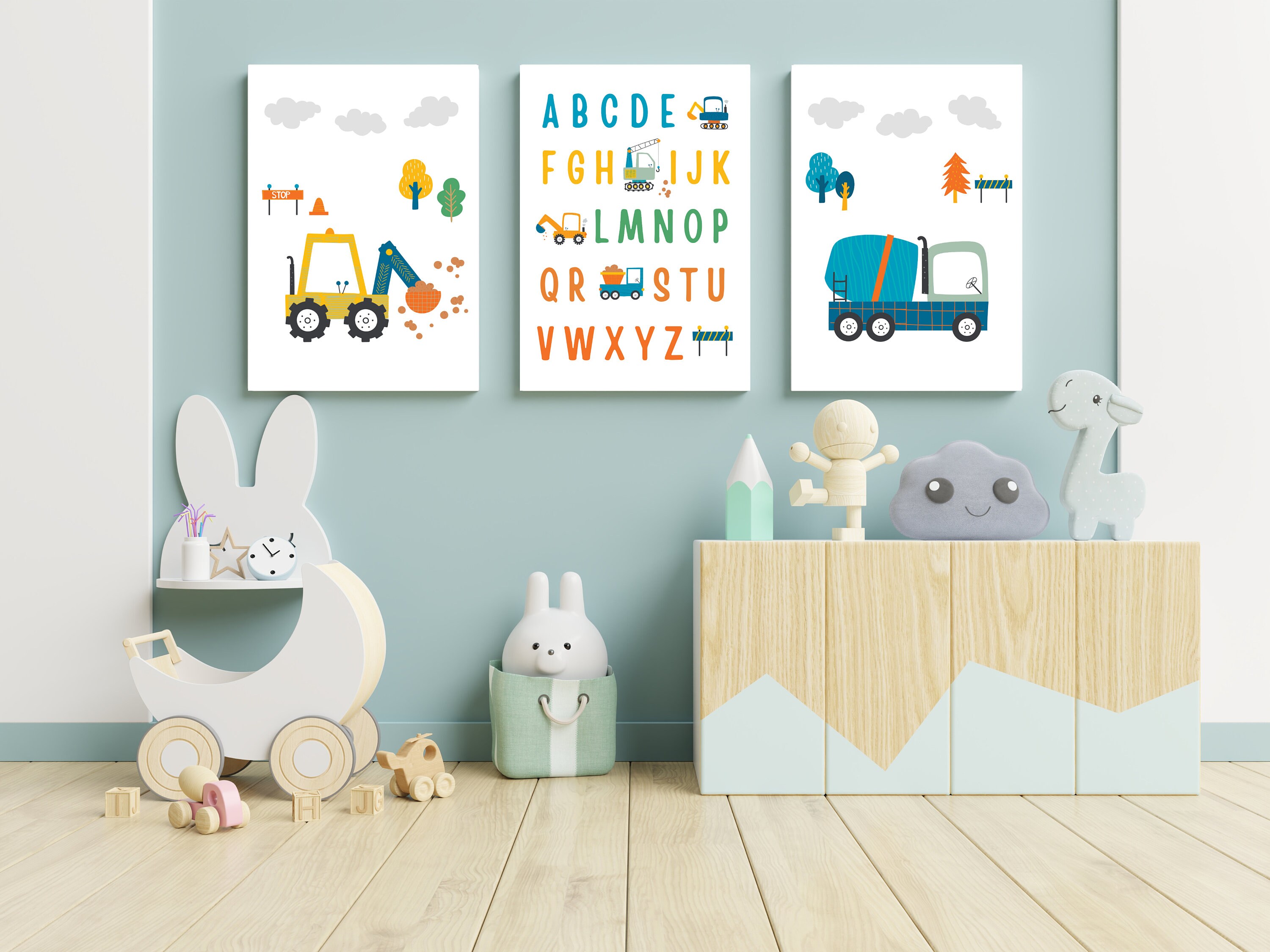 Set of 3 Construction Alphabet Prints for Kids Room Decor, Learn Abcs ...