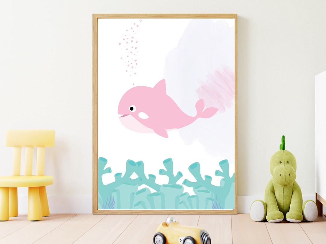 Whale Digital Print, Pink Orca Bedroom Poster, Under the Sea Nursery ...