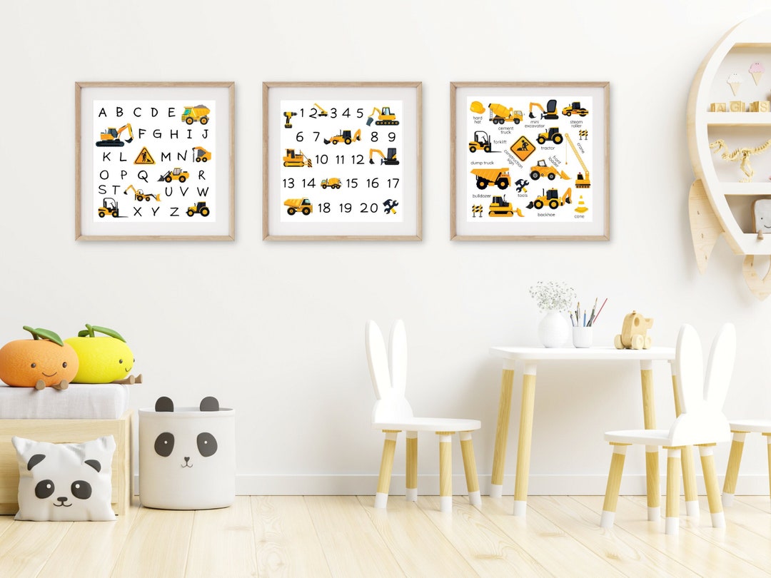 Square Alphabet and Numbers Printable, Construction Wall Decor, Infant ...