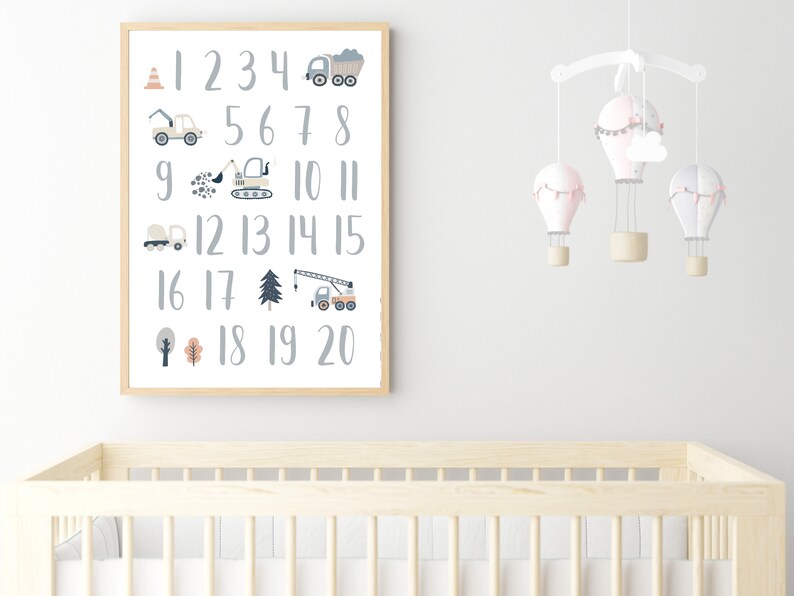 Numbers Chart for Kids, Construction Themed 123 Digital Print, Neutral ...