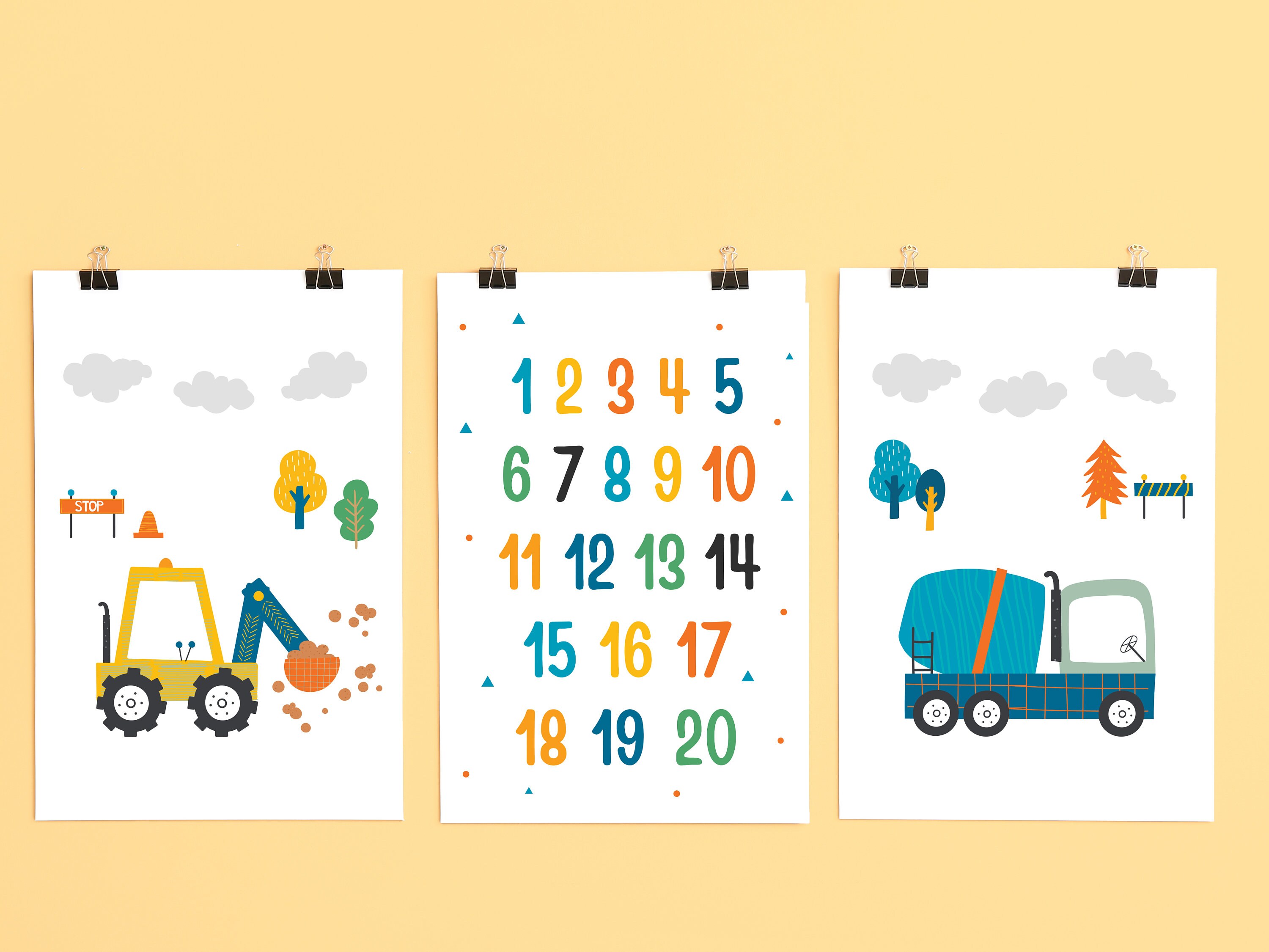Set of 3 Construction Numbers Print for Kids Room Decor, Learn to Count ...