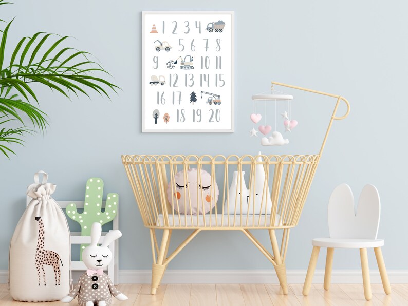 Numbers Chart for Kids, Construction Themed 123 Digital Print, Neutral ...