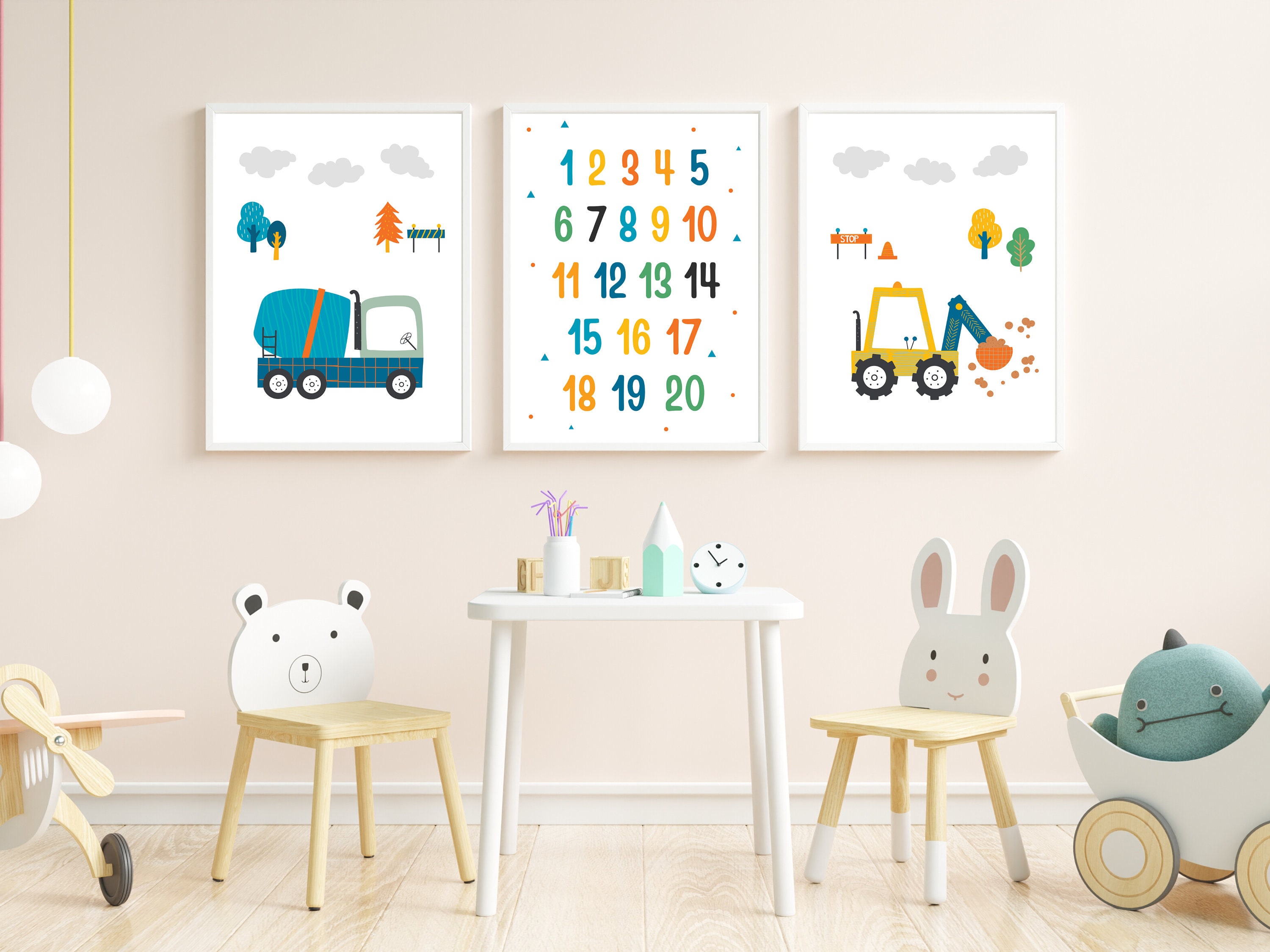 Set of 3 Construction Numbers Print for Kids Room Decor, Learn to Count ...