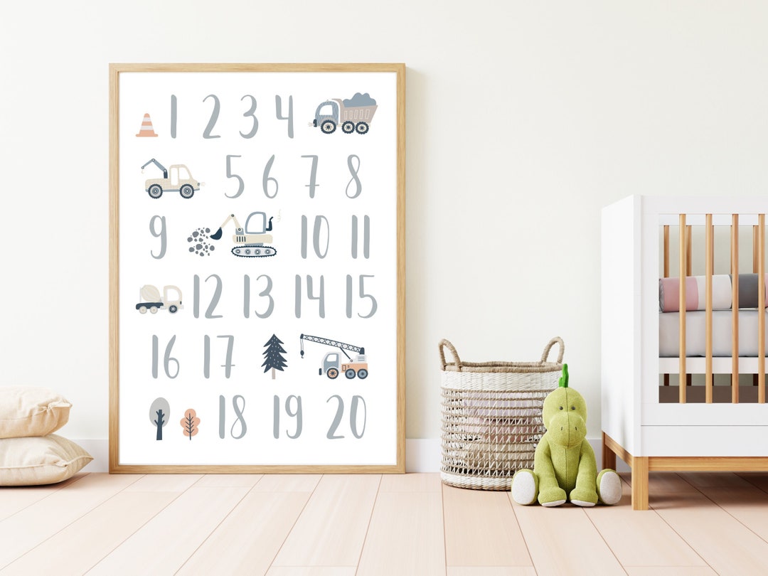 Numbers Chart for Kids, Construction Themed 123 Digital Print, Neutral ...