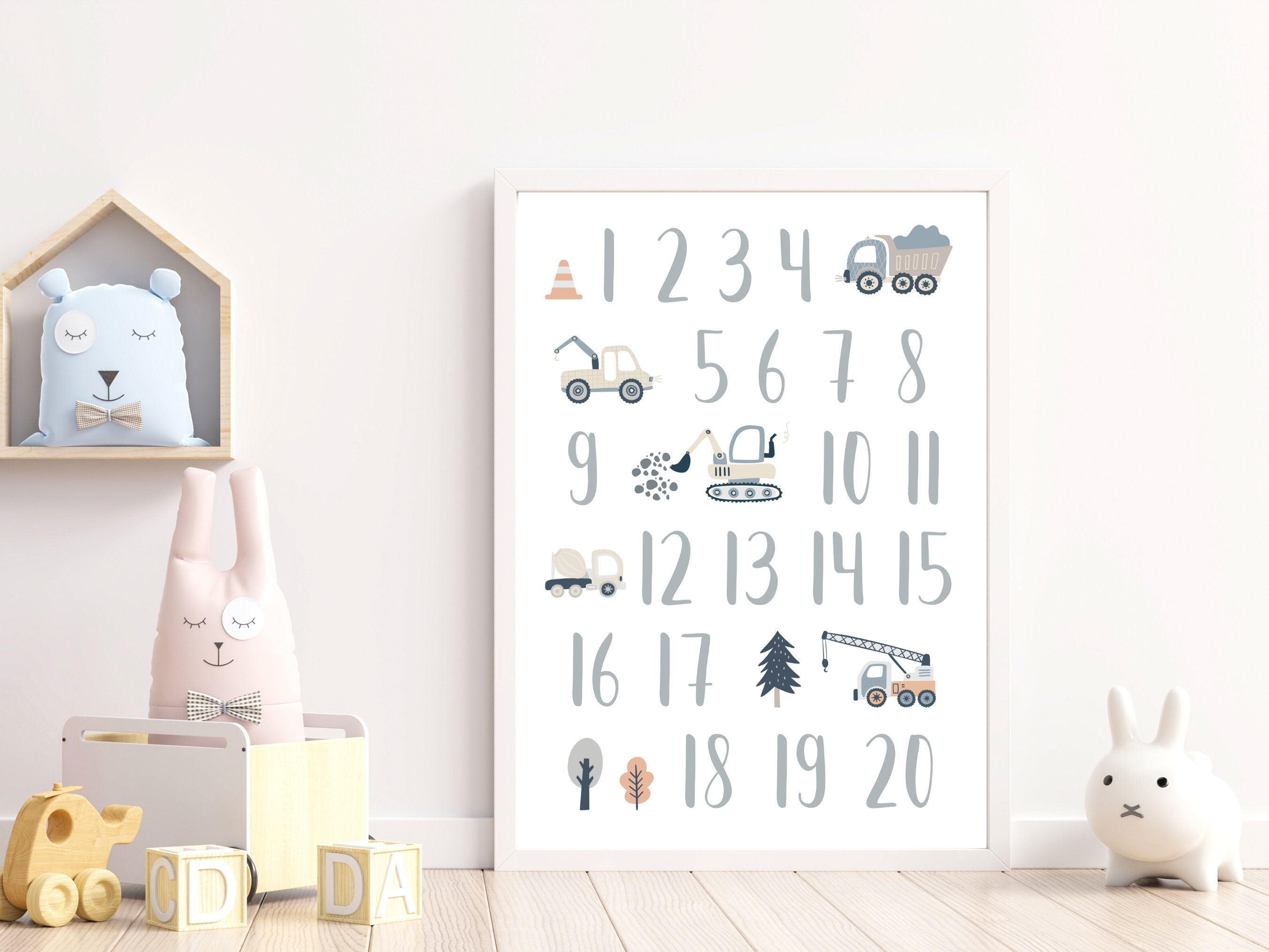 Numbers Chart for Kids, Construction Themed 123 Digital Print, Neutral ...
