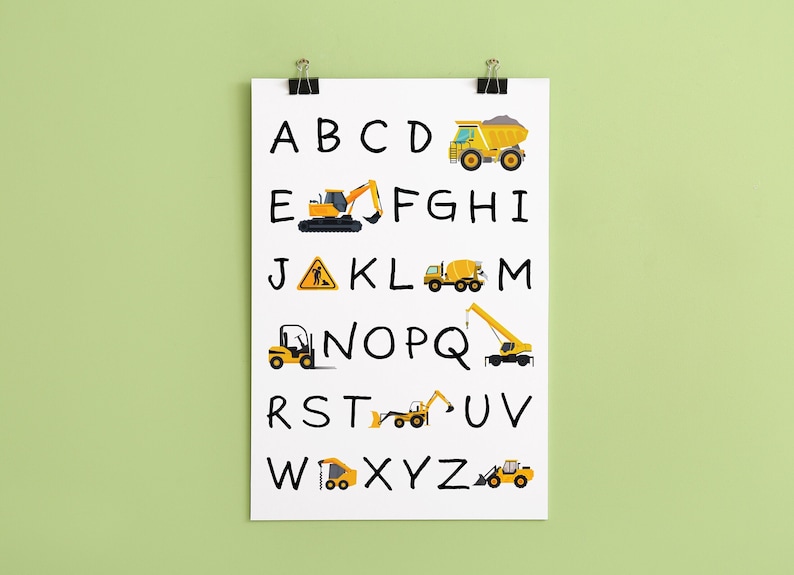 Kid Construction Decor, Alphabet Truck Poster, ABC Digital Print, Learn ...
