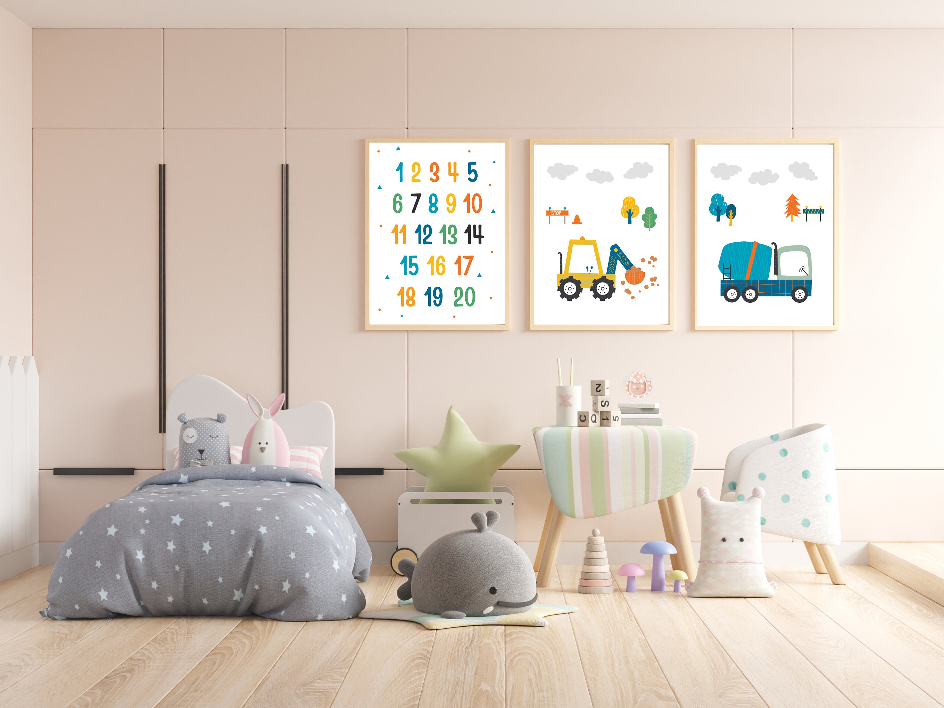 Set of 3 Construction Numbers Print for Kids Room Decor, Learn to Count ...