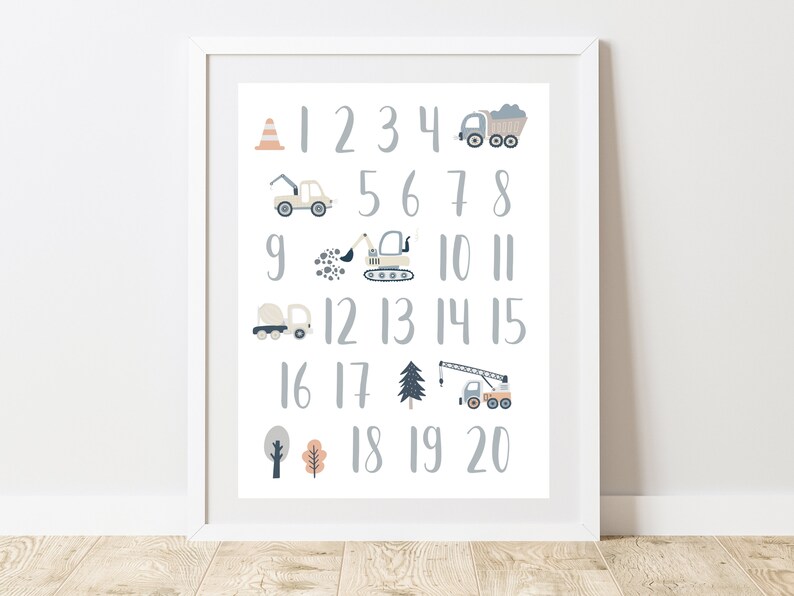 Numbers Chart for Kids, Construction Themed 123 Digital Print, Neutral ...