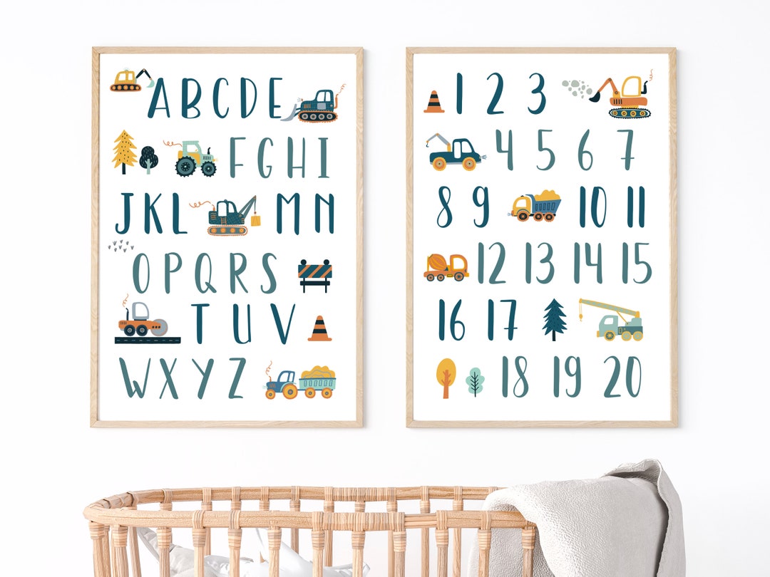 Construction Alphabet and Numbers Poster, Machinery Truck Digital Print ...