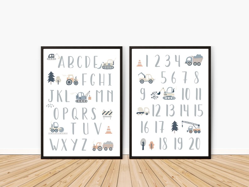 Alphabet Poster, Numbers Chart, Construction Truck Digital Print ...