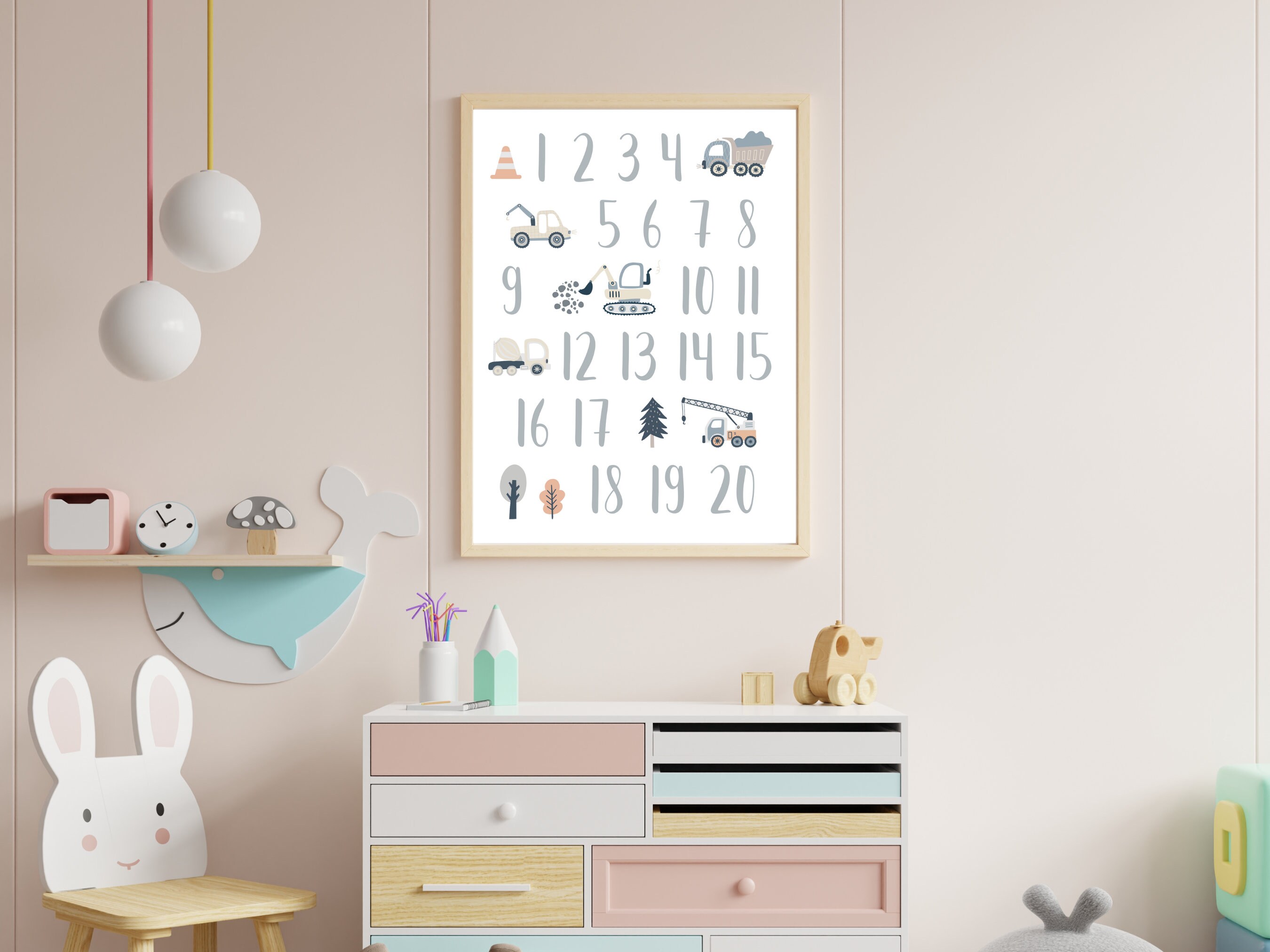 Numbers Chart for Kids, Construction Themed 123 Digital Print, Neutral ...