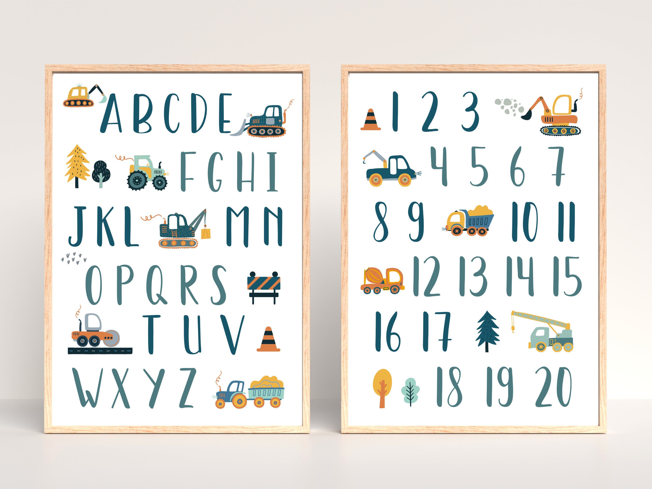 Construction Alphabet and Numbers Poster, Machinery Truck Digital Print ...