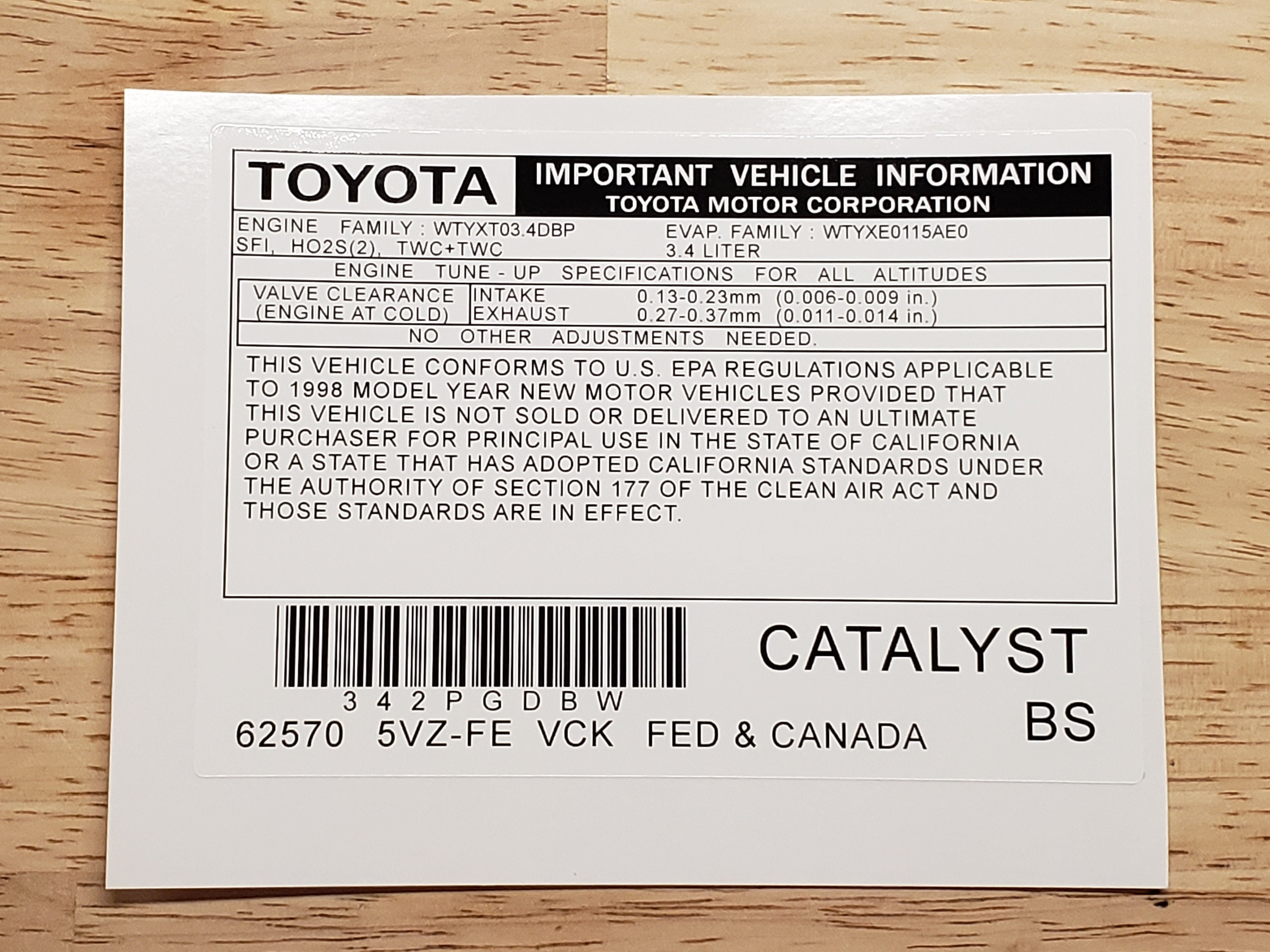 Toyota 1998 Vehicle Emission Control Information BS (5VZ-FE Vck Fed ...