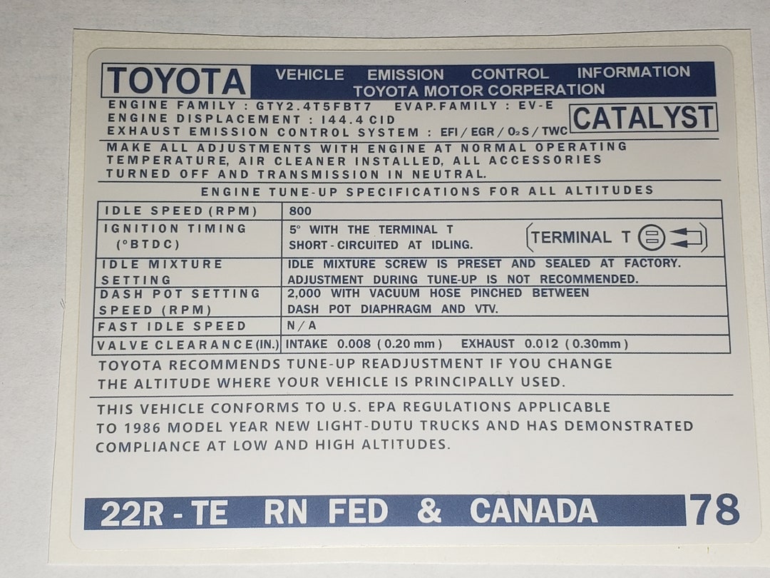 Toyota 1986 Vehicle Emission Control Information 78 (22R-TE RN FED ...