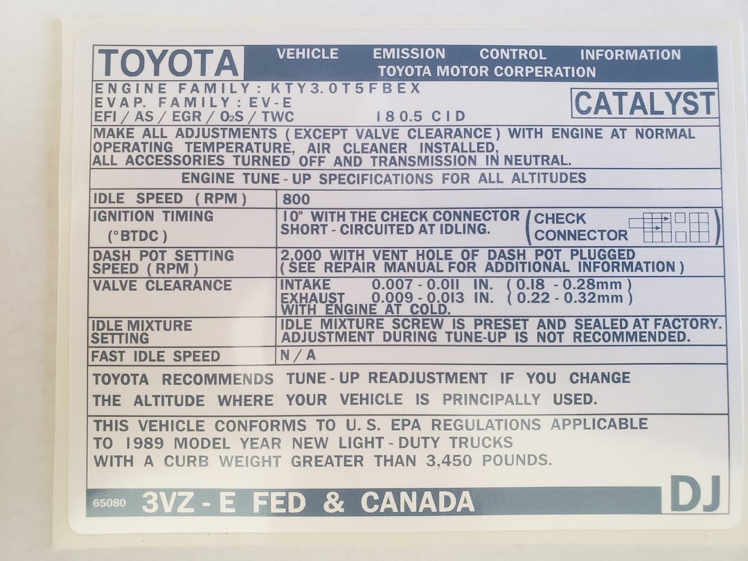 Vehicle Emission Control Information DJ (3VZ-E FED & CANADA) Label - Etsy