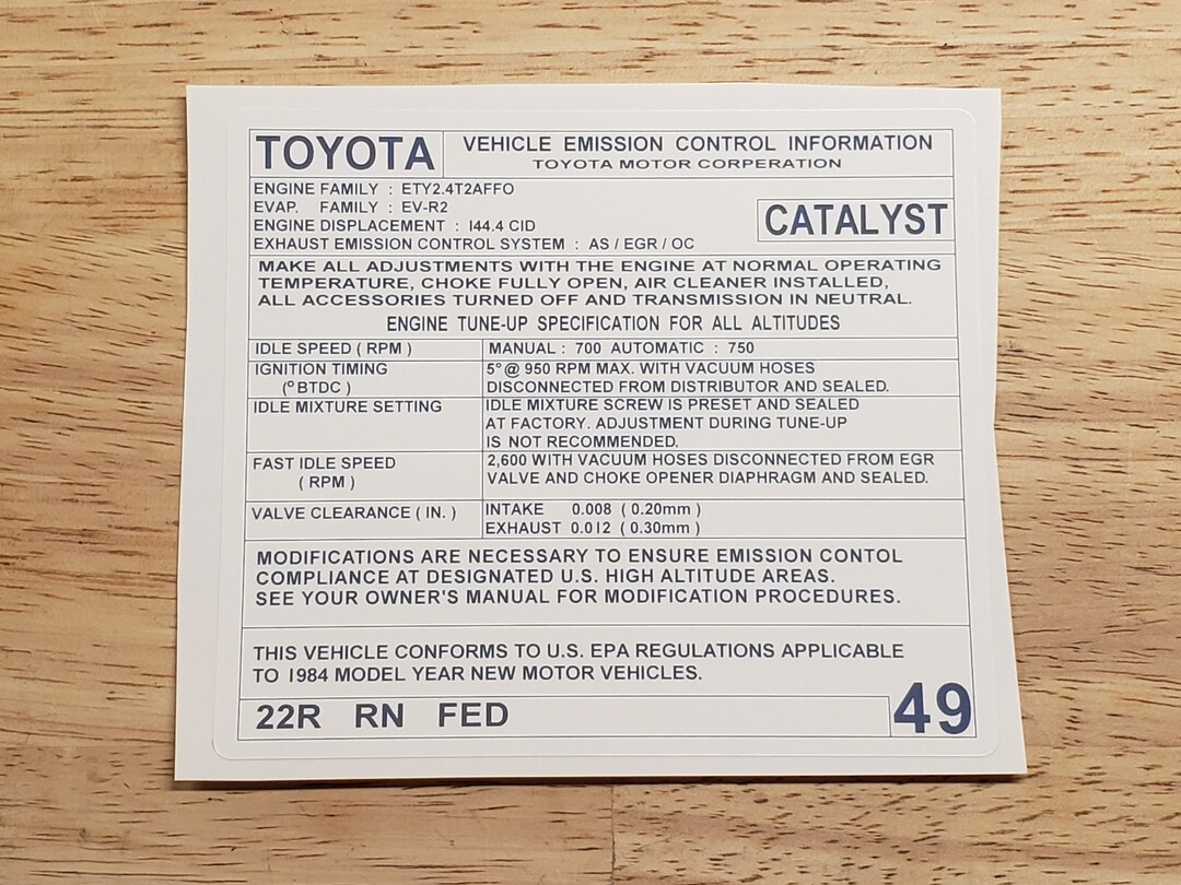 Toyota 1984 Vehicle Emission Control Information 49 (22R RN FED ...