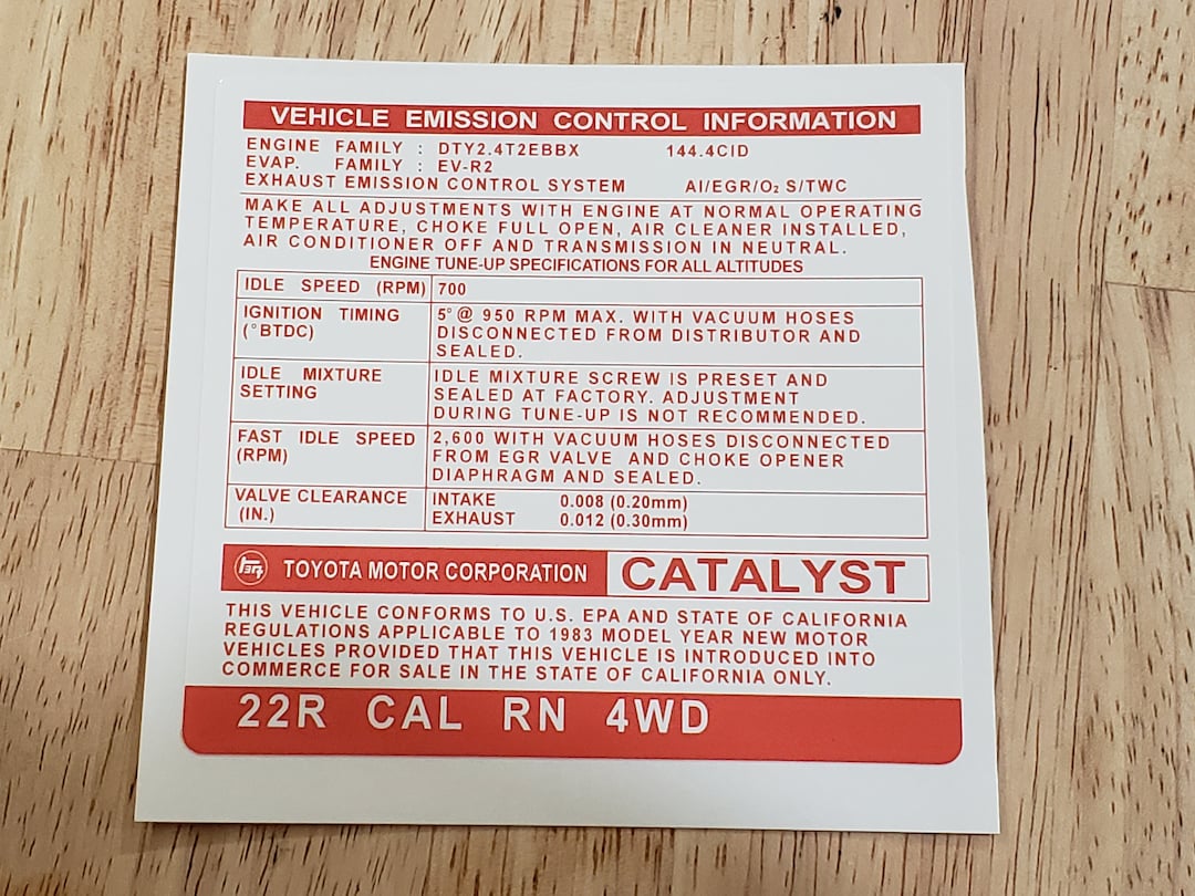 Toyota Vehicle Emission Control Information 1983 (22R CAL RN 4WD) - Etsy