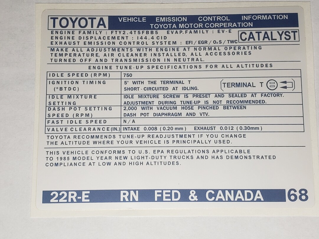 Toyota 1985 Vehicle Emission Control Information 68 (22R-E RN FED ...