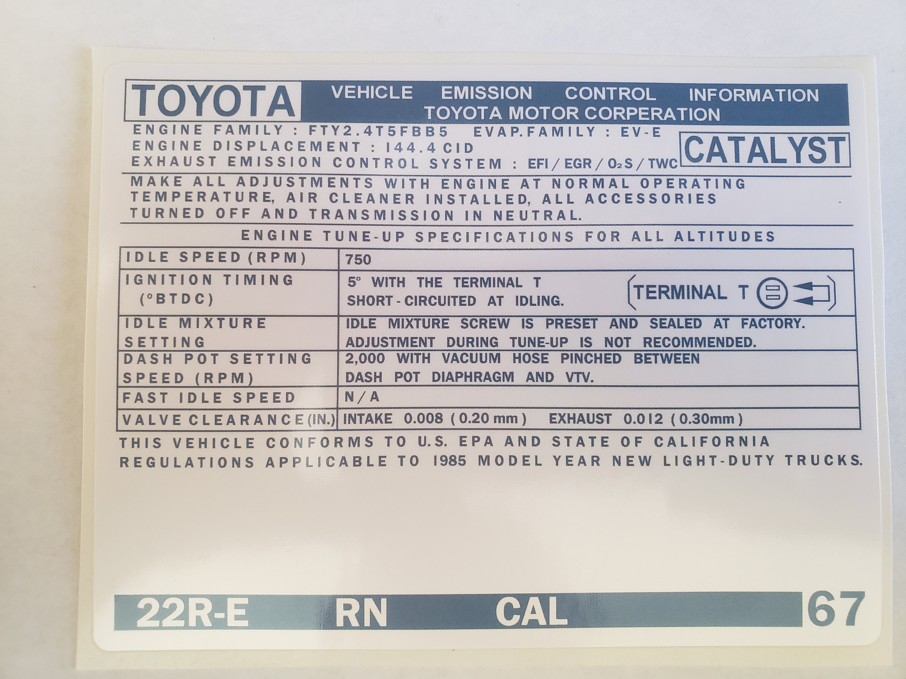 Toyota 1985 Vehicle Emission Control Information 67 (22R-E RN CAL ...