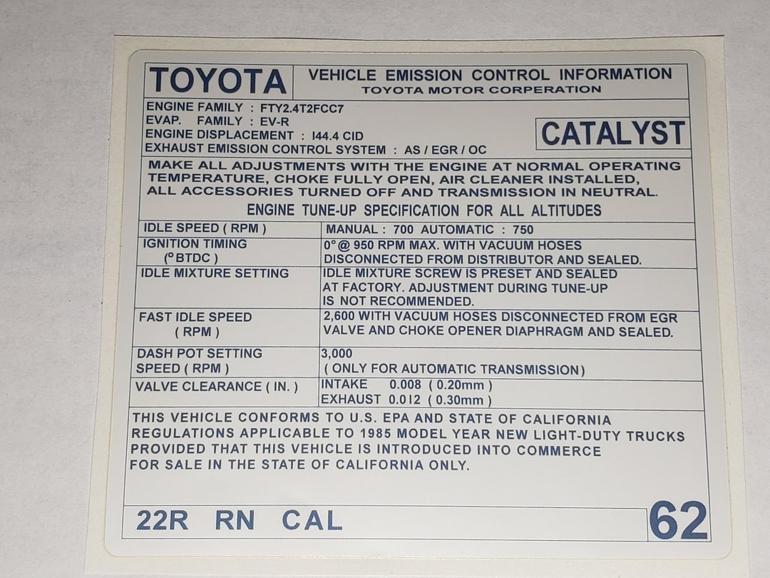 Toyota 1985 Vehicle Emission Control Information 62 (22R RN CAL ...