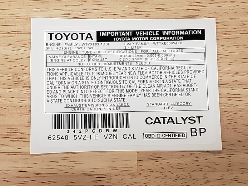 1998 Vehicle Emission Control Information Bp Small (5VZ-FE VZN CAL ...