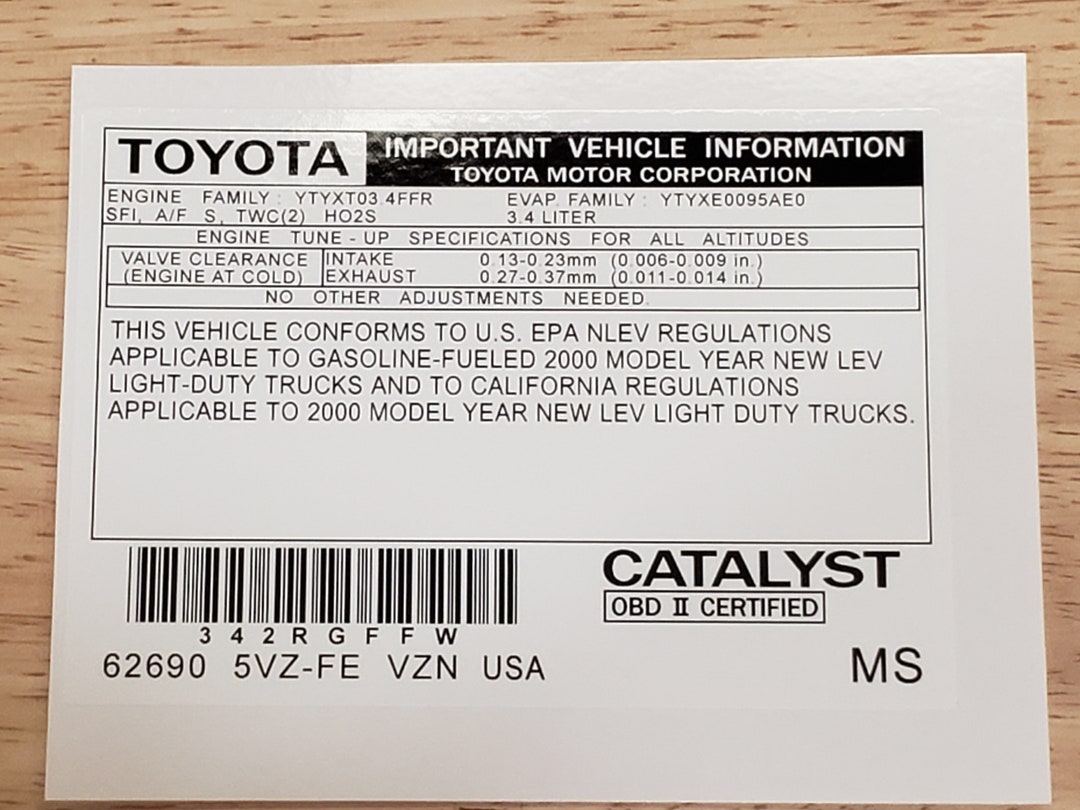 Toyota 2000 Vehicle Emission Control Information Ms (5VZ-FE VZN USA ...