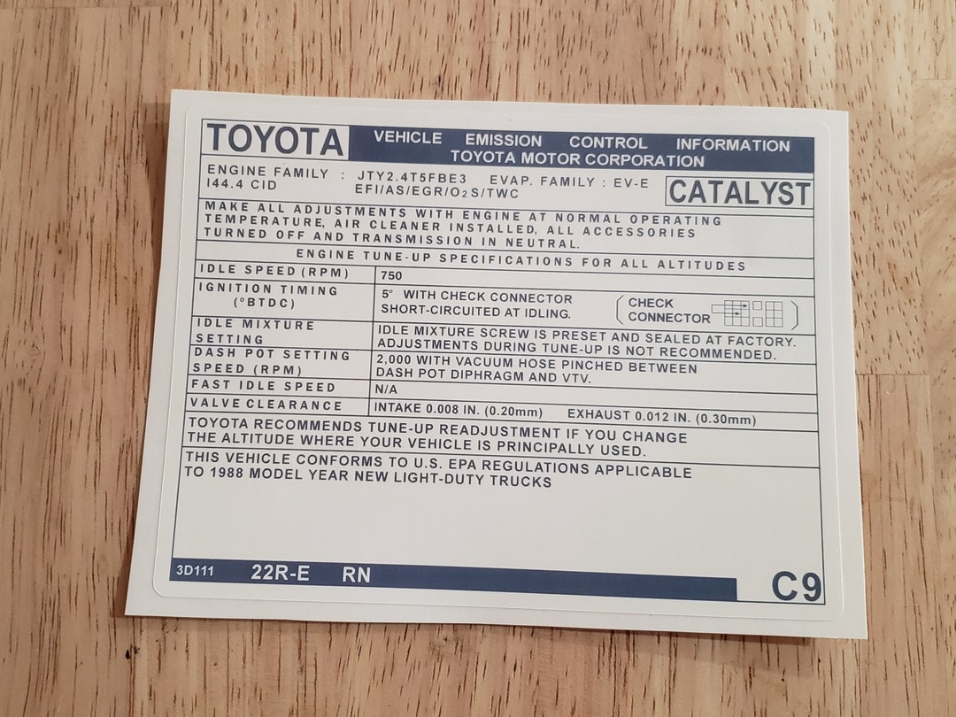 Toyota 1988 Vehicle Emission Control Information C9 (22R-E RN) Sticker ...