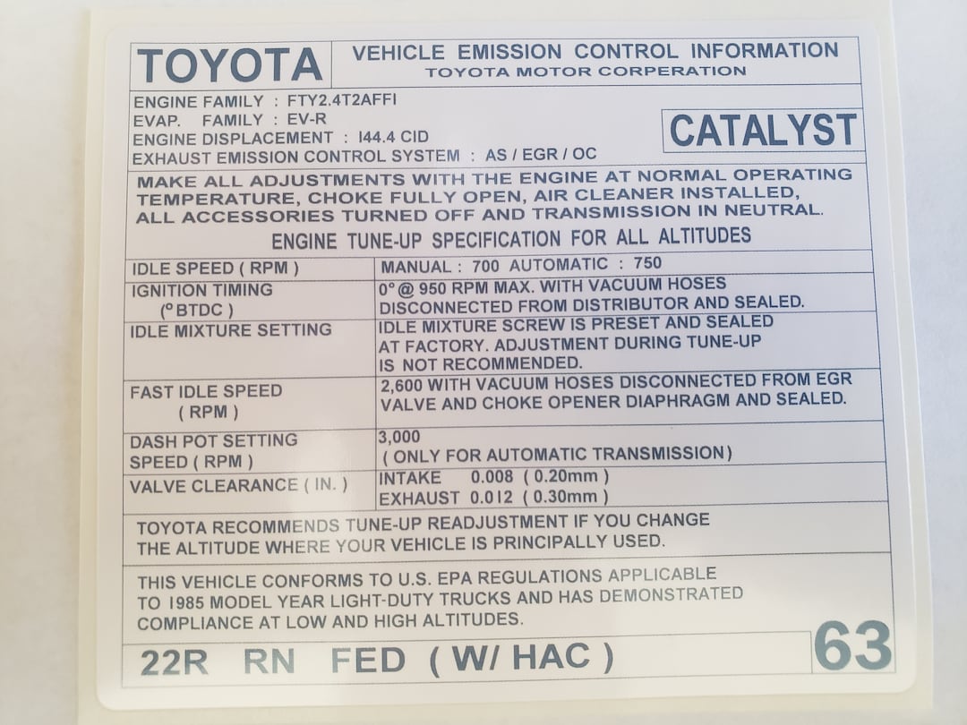 Toyota 1985 Vehicle Emission Control Information 63 (22R RN FED (W/HAC ...