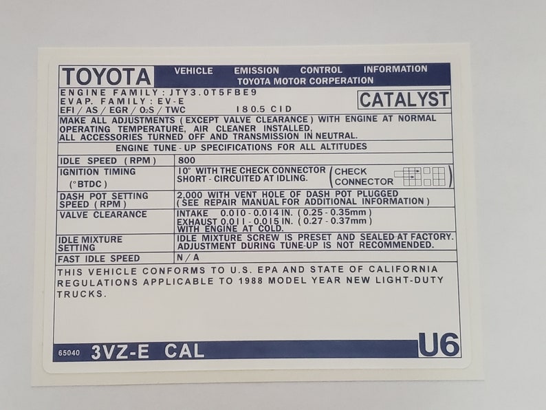 Toyota 1988 Vehicle Emission Control Information U6 (3VZ-E CAL) Sticker ...