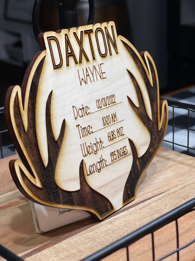 Birth Announcement | Baby Birth Stats| Deer Antler| Wooden Announcement ...