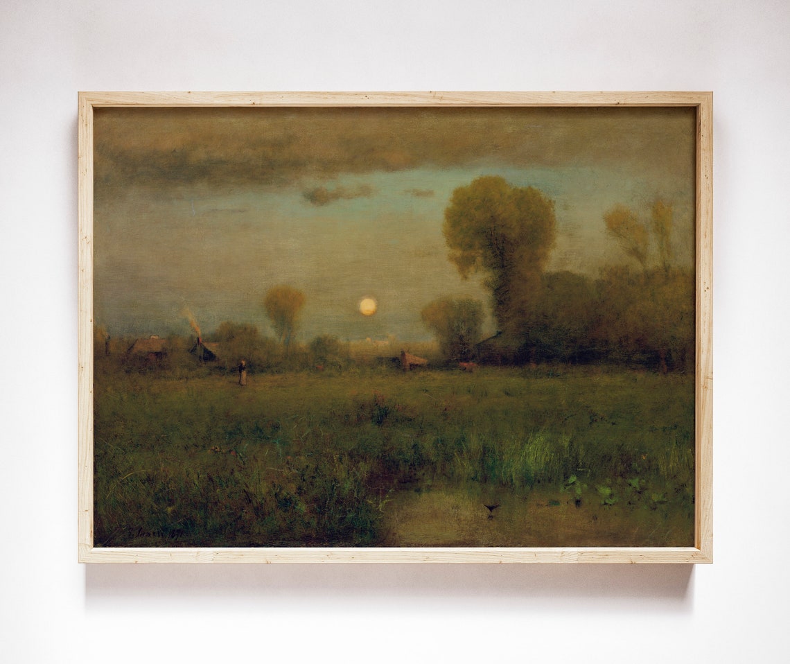 Vintage Harvest Moon Oil Painting Field at Dusk Landscape - Etsy