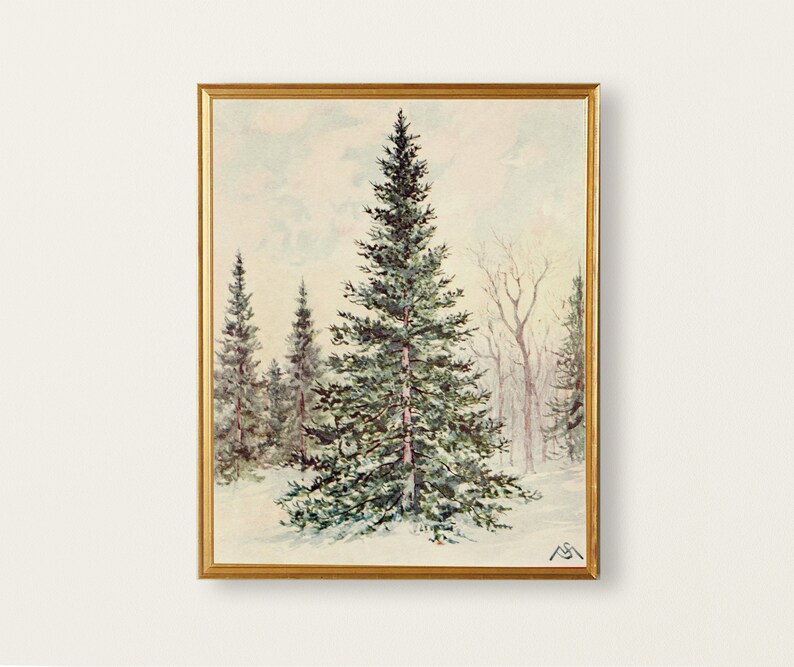 Christmas Tree in Snow Pine Tree Vintage Print Winter - Etsy