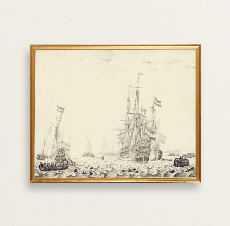 Vintage Ship Drawing Dutch Ships Sailing Near the Coast Sea - Etsy