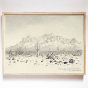 Arizona Print, Cactus and Mountain Drawing, Desert Landscape Vintage ...