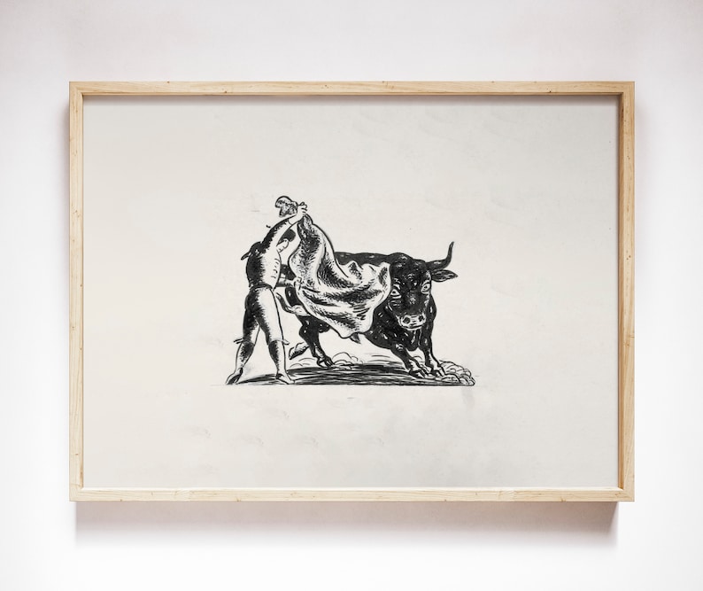 Black and White Bull Fight Drawing Matador Bullfighting With | Etsy
